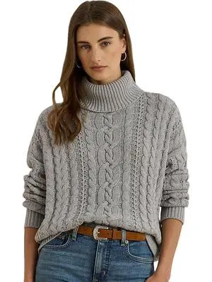 Ralph Lauren Cable-Knit Turtleneck Sweater Pearl Grey Heather