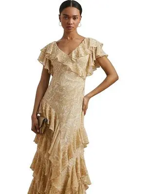 Ralph Lauren Floral Ruffle-trim Georgette Gown - Cream/tan