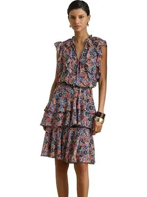 Ralph Lauren Floral Georgette Dress - Cream/red/blue