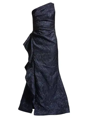 Rickie Freeman For Teri Jon Rickie Freeman For Teri Jon One-Shoulder Jacquard Gown Black / Blue