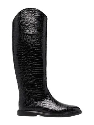 Fendi Karligraphy Croc-effect Knee-high Boots - Black