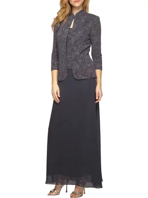Alex Evenings Alex Evenings Two-Piece Jacquard Gown With Jacket Smoke