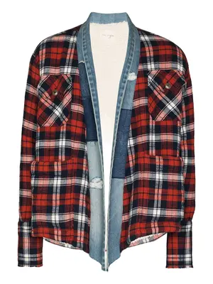 GREG LAUREN Plaid Flannel And Denim Cardigan - Blue