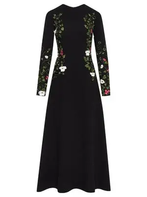 Oscar De La Renta Floral-embroidered Midi Dress - Black