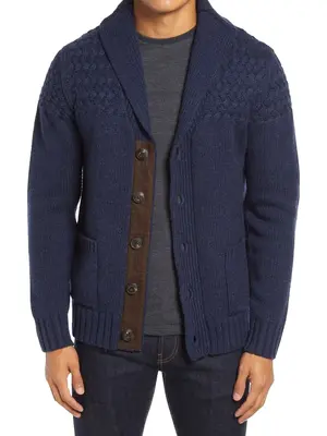 SCHOTT Schott NYC Corduroy Elbow Patch Wool-Blend Cardigan Navy