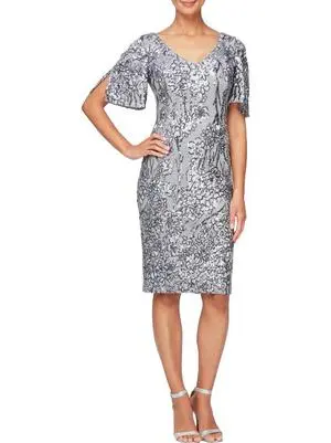 Alex Evenings Slit Sleeve Sequin Cocktail Sheath Dress - Silver