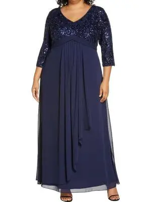 Alex Evenings Sequin Bodice Gown Navy