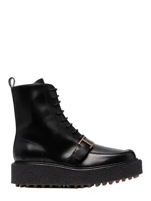 TOD'S Leather T-buckle Detail Lace-up Ankle Boots - Black