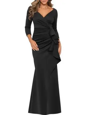 XSCAPE EVENINGS Ruched Scuba Knit Ruffle Gown Black