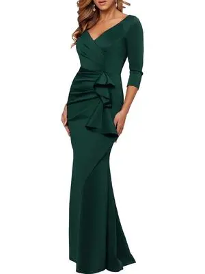 XSCAPE EVENINGS Ruched Scuba Knit Ruffle Gown - Hunter