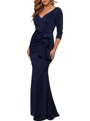 XSCAPE EVENINGS Ruched Scuba Knit Ruffle Gown Midnight