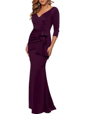 XSCAPE EVENINGS Ruched Scuba Knit Ruffle Gown Plum