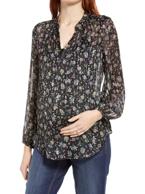 MATERNAL AMERICA Maternal America Mandarin Collar Maternity Blouse Black Tea Floral Print