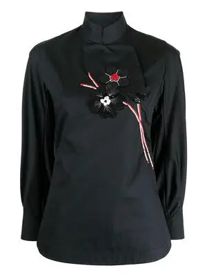 Shiatzy Chen Cotton Floral Appliqué Mandarin Collar Top - Black