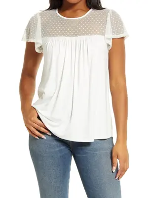 Loveappella Loveappella Mesh Dot Knit Top Ivory
