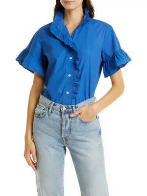 Mille MILLE Vanessa Ruffle Detail Cotton Blouse Azur