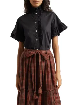 Mille MILLE Vanessa Ruffle Detail Cotton Blouse Black