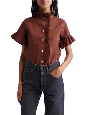 Mille Vanessa Ruffle Detail Cotton Blouse - Chocolate