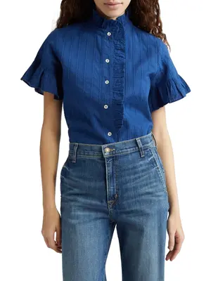 Mille MILLE Vanessa Ruffle Detail Cotton Blouse Indigo