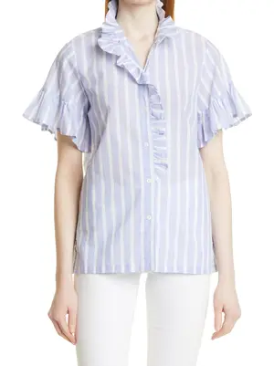 Mille MILLE Vanessa Ruffle Detail Cotton Blouse Periwinkle Stripe