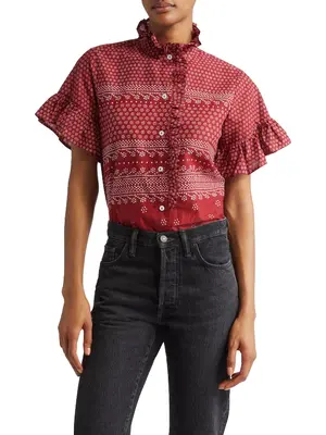 Mille MILLE Vanessa Ruffle Detail Cotton Blouse Raspberry Mosaic