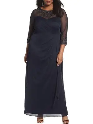 Alex Evenings Beaded Illusion Neck A-line Gown - Dark Navy
