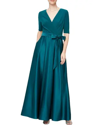 Alex Evenings Alex Evenings Surplice Neckline Satin Gown Emerald Aqua