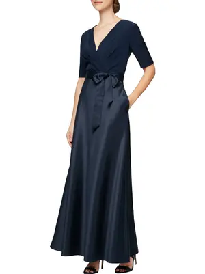 Alex Evenings Alex Evenings Surplice Neckline Satin Gown Navy