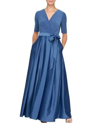 Alex Evenings Alex Evenings Surplice Neckline Satin Gown Wedgewood