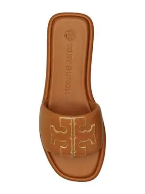 Tory Burch Double T Leather Medallion Slide Sandals - Bourbon/gold