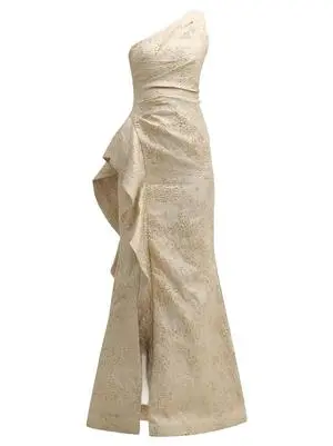 Rickie Freeman For Teri Jon One-shoulder Jacquard Gown - Gold