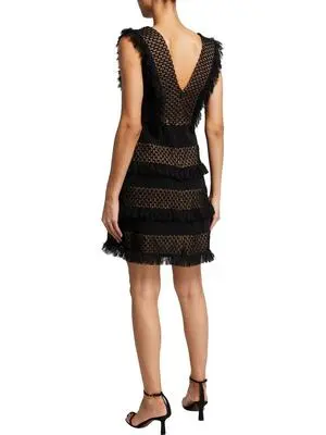 Tadashi Shoji Deep V-neck Tiered Ruffle Lace Dress - Blacknude