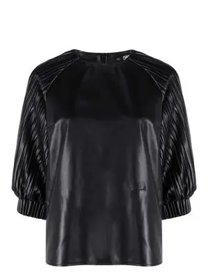 Karl Lagerfeld Vegan Leather Pleated-sleeve Top - Black