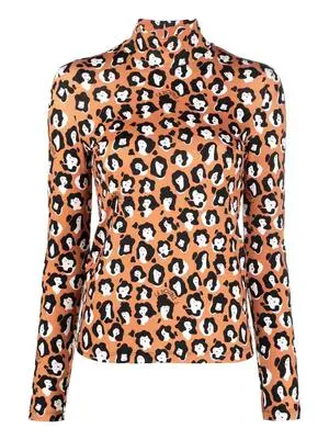 La DoubleJ Face-animal Print Turtleneck Top - Orange