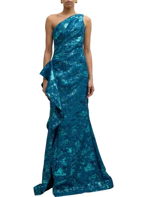 Rickie Freeman For Teri Jon Rickie Freeman For Teri Jon Metallic Jacquard One-Shoulder Gown Teal