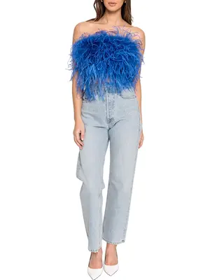 LAMARQUE Zaina Ostrich Feather Bustier Top Cobalt 22