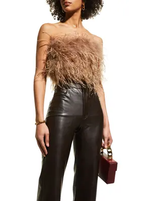 LAMARQUE Zaina Ostrich Feather Bustier Top Sirocco