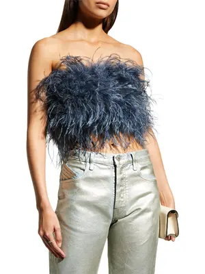 LAMARQUE Zaina Ostrich Feather Bustier Top Smoked Blue