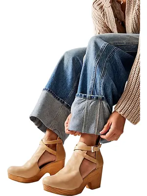Free People Leather Clogs With Wooden Sole Parchment