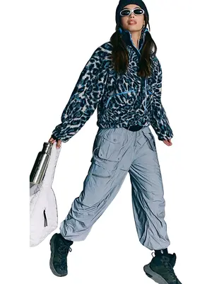 Free People FP Movement Hit The Slopes Printed Fleece Jacket Snow Leopard Combo