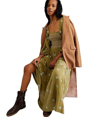 Free People Free People Dahlia Embroidered Maxi Dress Mosstone Combo