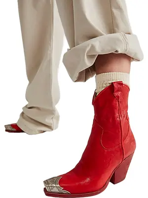 Free People Western Style Leather Boots With Etched Metal Toe Flame