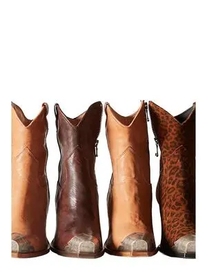Free People Western Style Leather Boots With Etched Metal Toe Leopard Suede