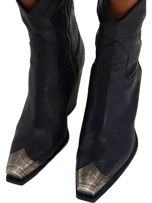 Free People Western Style Leather Boots With Etched Metal Toe Night Navy
