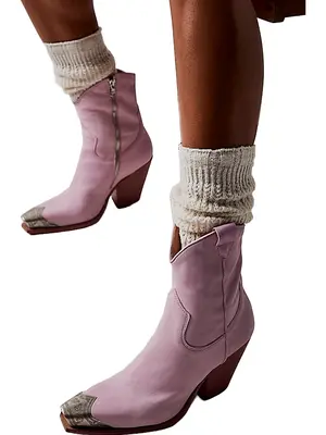 Free People Western Style Leather Boots With Etched Metal Toe Pink