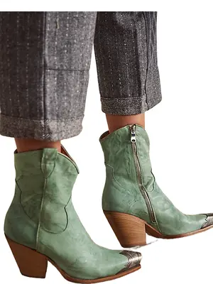 Free People Western Style Leather Boots With Etched Metal Toe Succulent