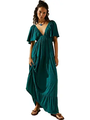 Free People Free-est Maxi Dress With Flutter Sleeves And Tiered Silhouette Blue