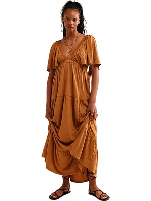 Free People Free-est Maxi Dress With Flutter Sleeves And Tiered Silhouette Cashew