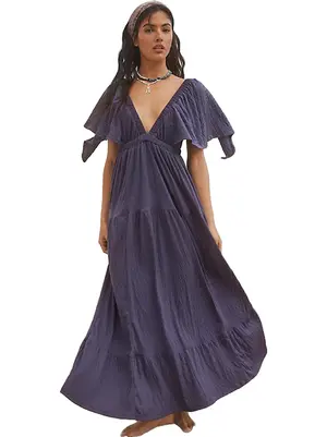 Free People Free-est Maxi Dress With Flutter Sleeves And Tiered Silhouette Evening Eclipse