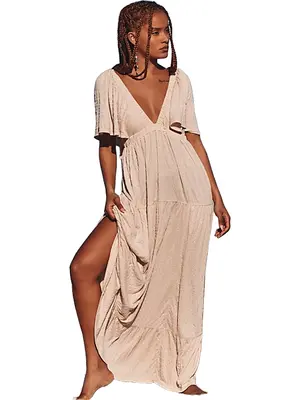 Free People Free-est Maxi Dress With Flutter Sleeves And Tiered Silhouette Grey